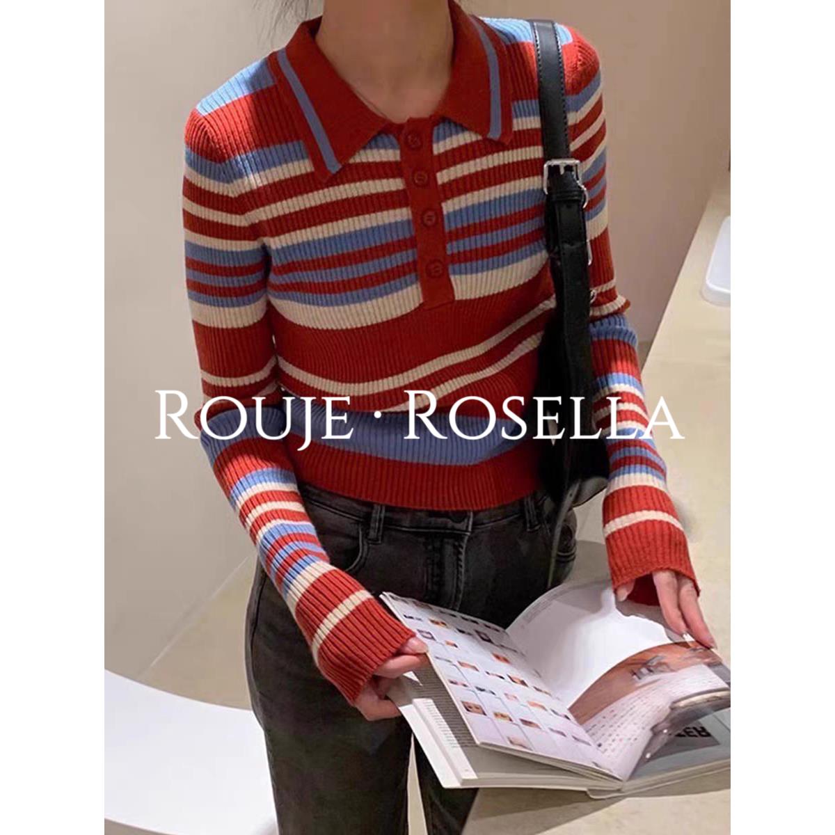 法国Rouje Rosella时尚有型条纹撞色polo领针织内搭女软糯毛衣