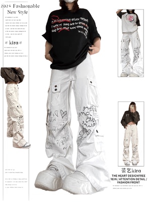 美式街头hiphop白色工装牛仔裤女