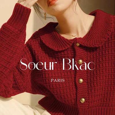 法国SOEUR BKAC法式新年红色短款娃娃领针织开衫毛衣女秋冬季上衣