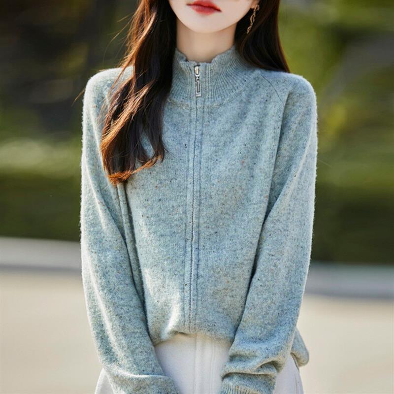 春秋2025新款毛开衫女宽松Polo领点子纱针织长袖毛衣拉链外套女