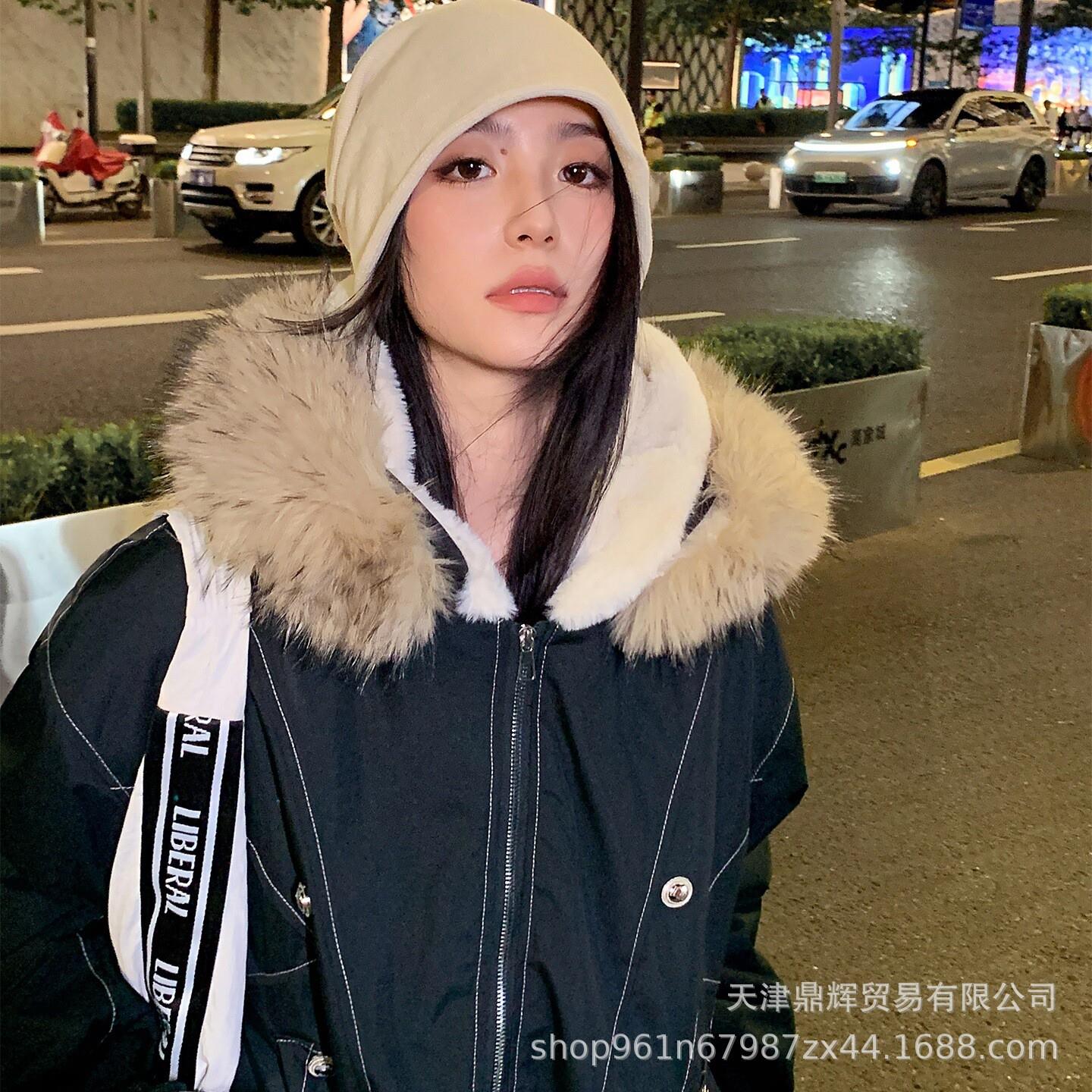 美式复古毛领派克服棉服女短款2025新款冬季夹棉外套国潮座山雕外