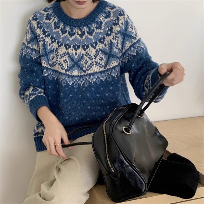 复古费尔岛提花毛衣女秋冬氛围感针织衫套头毛衣春秋季慵懒风加厚