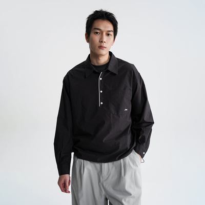 翻领嵌条半开领宽松衬衫