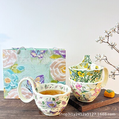 Vintage oil painting with blooming flowers, coffee cup, ceramic mug, drinking cup, milk cup, afternoon tea, stylish bir