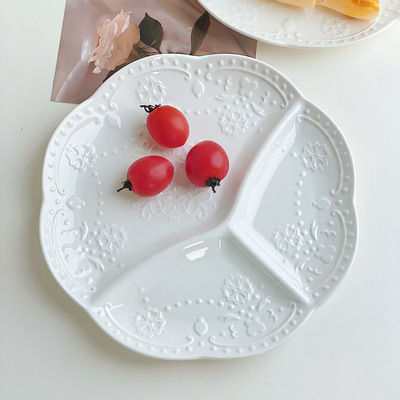 Divided tray, ceramic lace relief, European style light luxury side dish, dumpling plate, fruit preparation, weight los