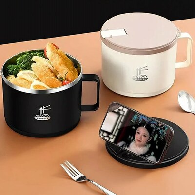 Stainless steel instant noodle bowl with lid that can drain water and prevent scalding. Dormitory cafeteria student ins