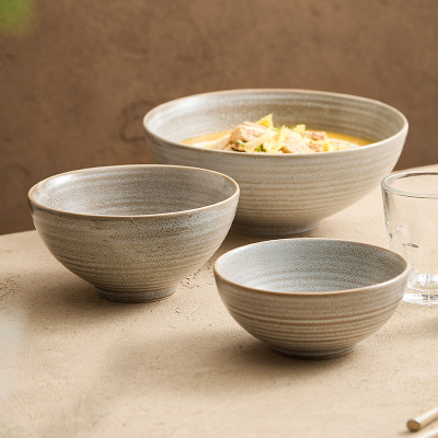 Kiln turned brown threaded ceramic bowl, household rice bowl, bamboo hat bowl, Japanese restaurant bowl, soup bowl, noo