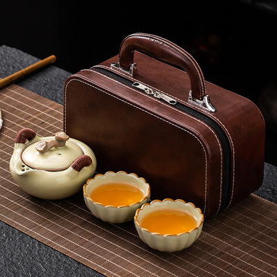 Huangru Kiln Travel Tea Set, One Pot, Two Cups, Quick Customer Cup, Portable Outdoor, Corporate Gift, Tea Making, Carvi