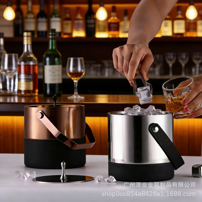 High aesthetic commercial champagne bucket, hand-held double-layer stainless steel ice bucket, bar KTV ice granule buck