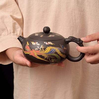 Xi Shi Feng Ming teapot, heated purple clay teapot, square dragon and phoenix vermilion clay teapot, tea maker, Kung Fu