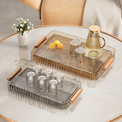Light luxury household living room drainage tray, plastic cup holder, camping picnic transparent tea tray with drainage