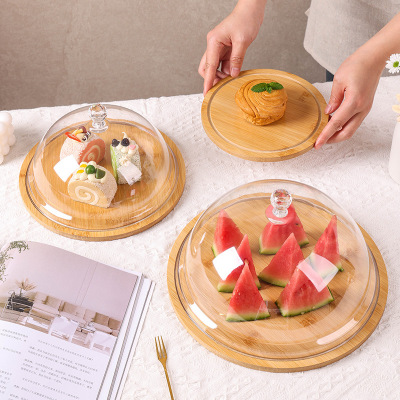 Fruit shop tasting tray with cover fruit bamboo wood display tray cake Dim sum tray with transparent PC round dust cover