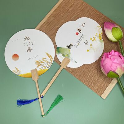 24 solar terms float painted fan, round fan, hand-painted cultural and creative retro fan with words, half cooked Chine