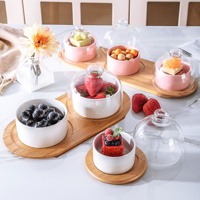 Hotel large salad dessert bowl, ceramic bread pudding cup, dessert dish with glass lid, bamboo tray, flat bottom