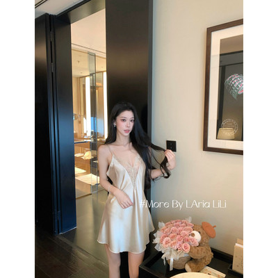 睡衣女冰丝缎面性感蕾丝吊带睡裙