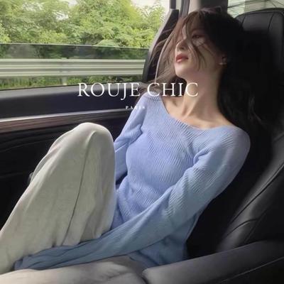 法国rouje chic春季蓝色长袖一字肩T恤女法式别致针织打底衫毛衣