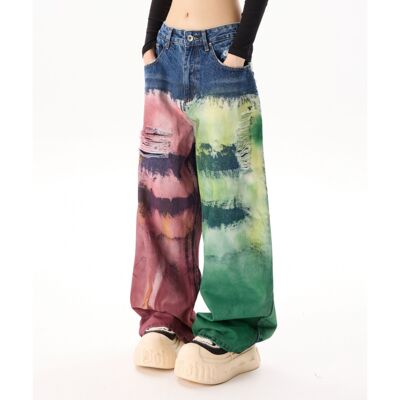 巴黎风潮牌美式复古泼墨牛仔裤