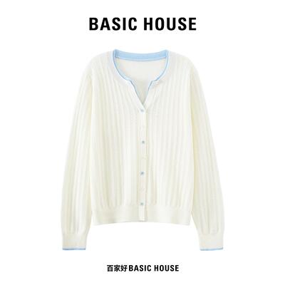 Basic House/百家好撞色V领针织开衫秋季薄款提花肌理感长袖上衣