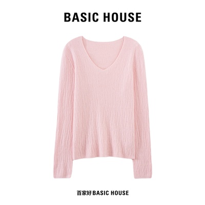 Basic House/百家好纯色坑条V领长袖针织上衣女简约显瘦内搭打底