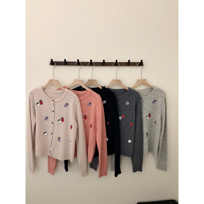 一善服饰冬上新韩系甜美草莓绣花宽松圆领长袖针织开衫WZ-9531
