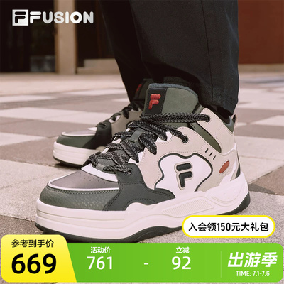 FILA FUSION斐乐潮牌BANK2高帮加绒板鞋2冬季新款男鞋保暖鞋子女