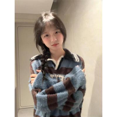 美式高街设计感条纹字母polo领长袖毛衣女春秋宽松甜酷风别致上衣