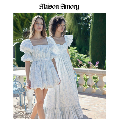 MaisonAmory白底蓝色迷你连衣裙