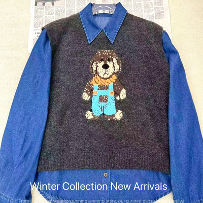 云朵早春欧美翻领小熊牛仔衬衫+针织背心马甲两件套套装ys-3417