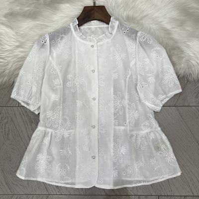 云朵设计风白色重工棉麻刺绣短袖圆领气质百搭上衣衬衫Y20111