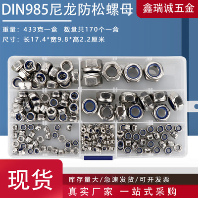 跨境热卖170PCS螺母盒装  304不锈钢尼龙防松螺母 M3-M12自锁螺帽