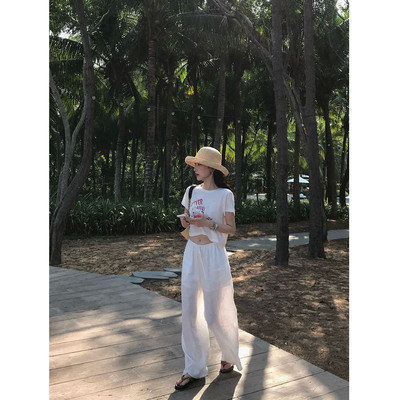 isaro uu 氧气感100亚麻裤~慵懒夏日松紧腰抽绳宽松直筒休闲裤