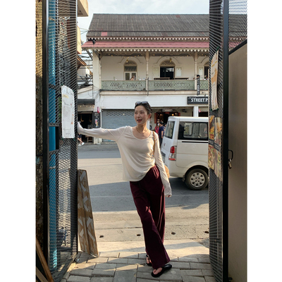 isaro uu 乌梅紫休闲裤~柔软舒适挂无拘束系带松紧腰直筒裤