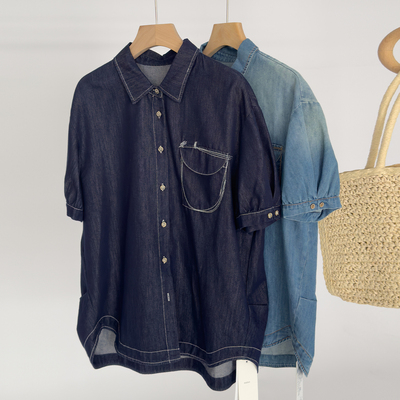 右设/25SS复古牛仔衬衫女夏季新款明线宽松文艺短袖1CFAN5B9321K