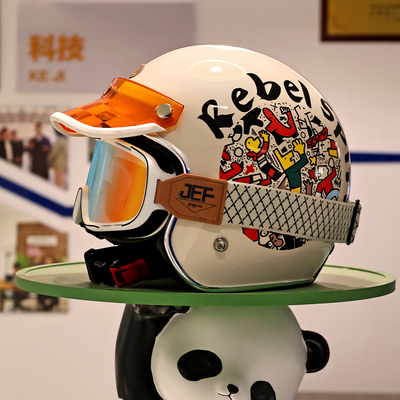台湾JEF复古头盔卡通小熊3C女安全帽机车电动车半盔男摩托车3/4盔
