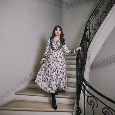Her lip to 格拉斯花卉褶皱连衣裙 印花优雅格调大摆型长裙