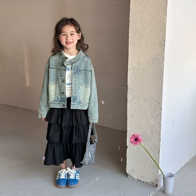 女童港风立领复古做旧牛仔夹克