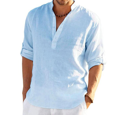 Men Cotton Linen T-shirts Summer V Collarless Long Sleeve So