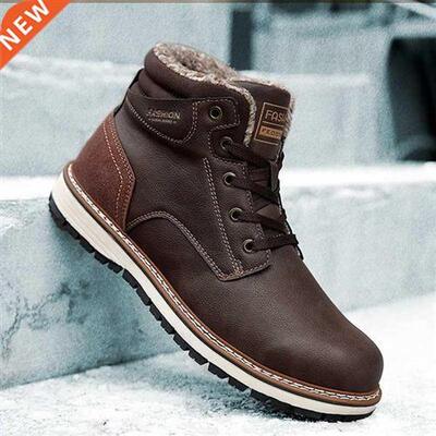Split Leather Ankle Boots For Men Winter Plush Warming Male