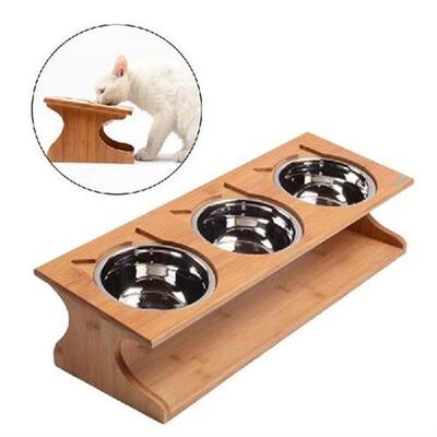 Cat Feeder Three Bowl Stainless Steel With Bamboo Frame
