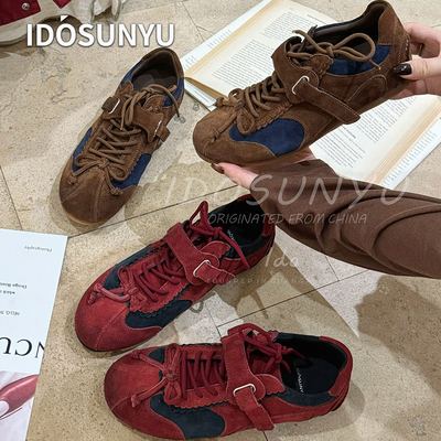 IDOSUNYU欧货新款设计师复古德训鞋4CM真皮拼色系带平底百搭女鞋
