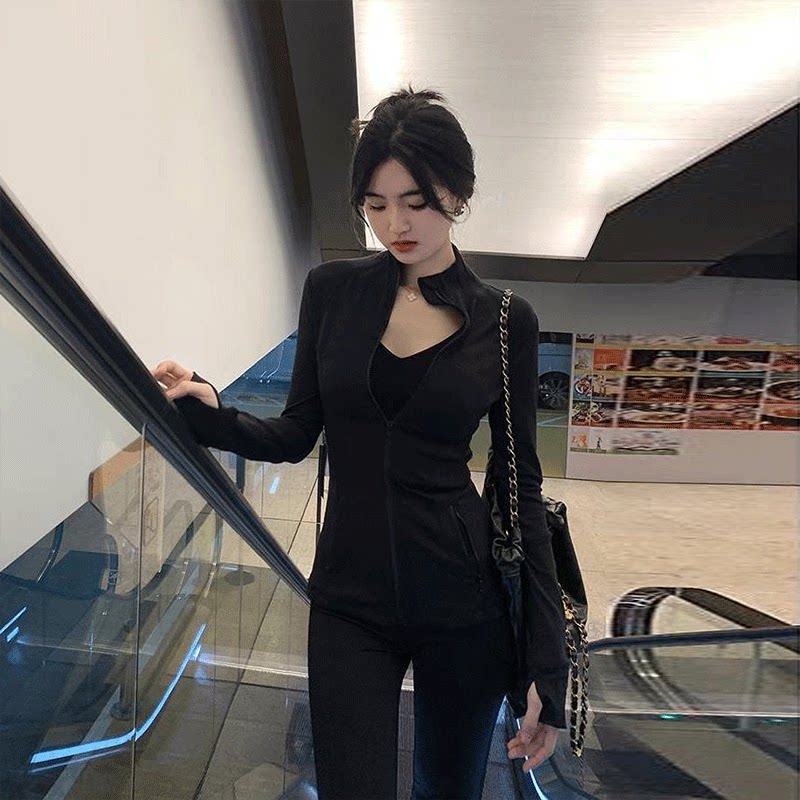 时尚网红高弹瑜伽上衣女长袖紧身显瘦立领跑步运动外套健身训练服
