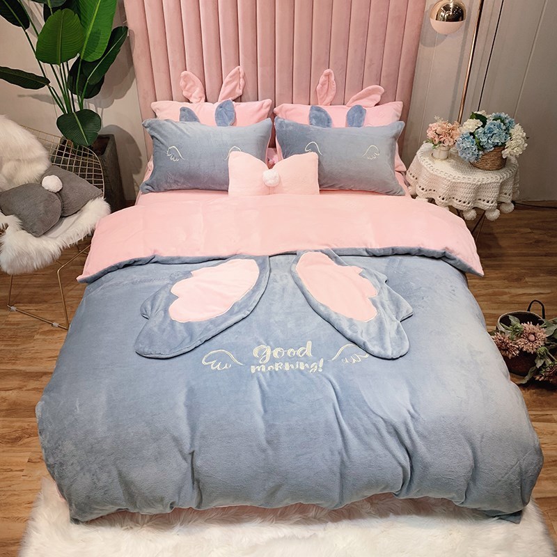 Blue Pink Cute Big Ear Rabbit Embroidery Super Soft Short P