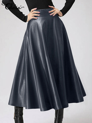 Women Long Skirts Autumn Leather PU Skirt Celmia 2022 Solid