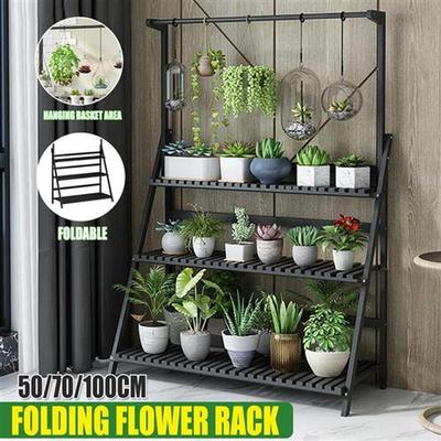 Folding 50/70/100cm 3 Tier Plants Shelves Flower Rack Woode