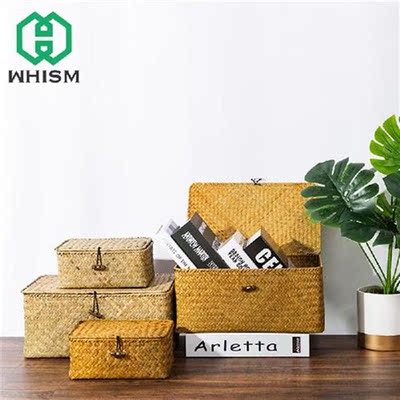 Hand-Woven Straw Storage Box with Lid Laundry Basket Home