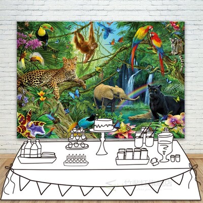 Baby Shower Backdrop Jungle Zoo Animals Happy Birthday Back