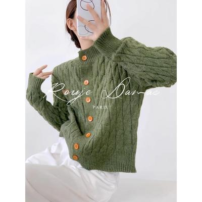 Rouje Damas绿色麻花针织开衫毛衣外套女外搭森系覆古针织衫上衣
