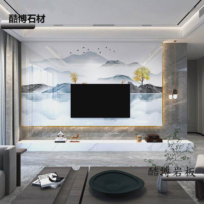 网红悬空岩板电视背景墙大理石瓷砖现代简约高温微晶客餐厅影视墙