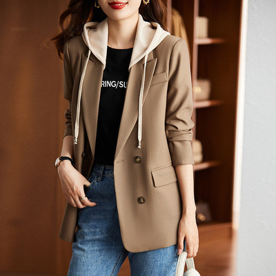 一件代发2022新款卡其色连帽西装外套女春秋洋气炸街休闲小西服