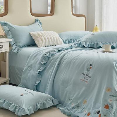 新款云沙棉刺绣花边夏被四件套可机洗凉感丝夏凉被双人夏季薄被子